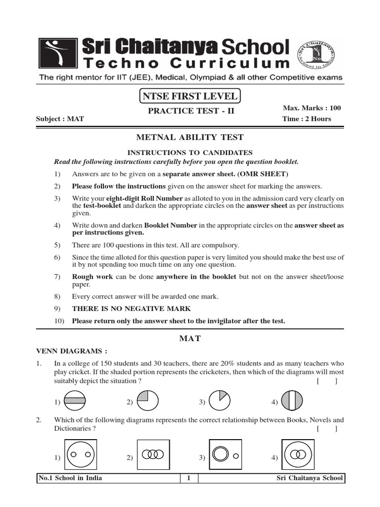 NTSE Level - 1 Practice Test - 2 (MAT) | PDF