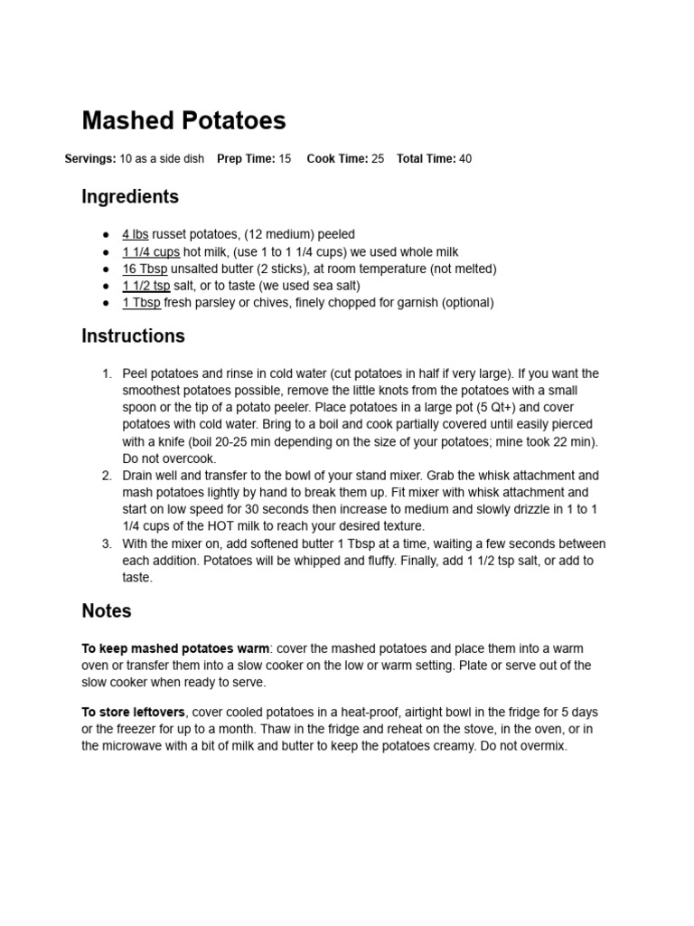 Mashed Potatoes | PDF