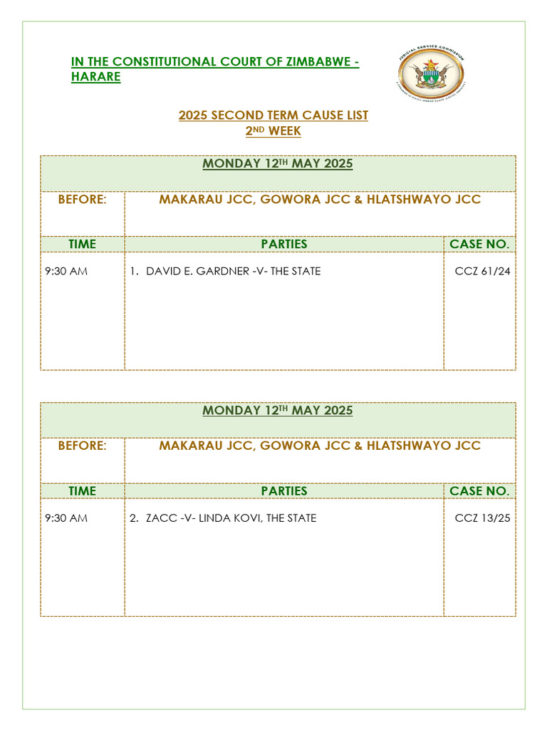 Causelist First Term 2ND Week | PDF