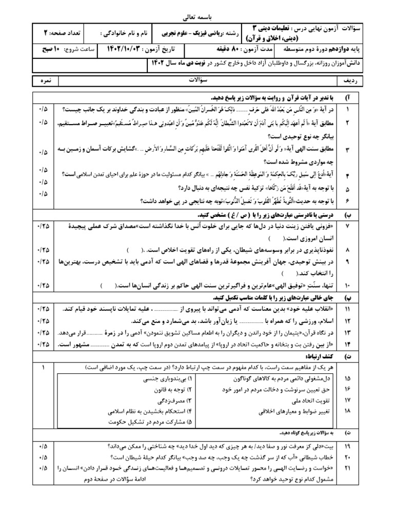امتحان دینی دوازدهم نهایی دی1402-1401 | PDF