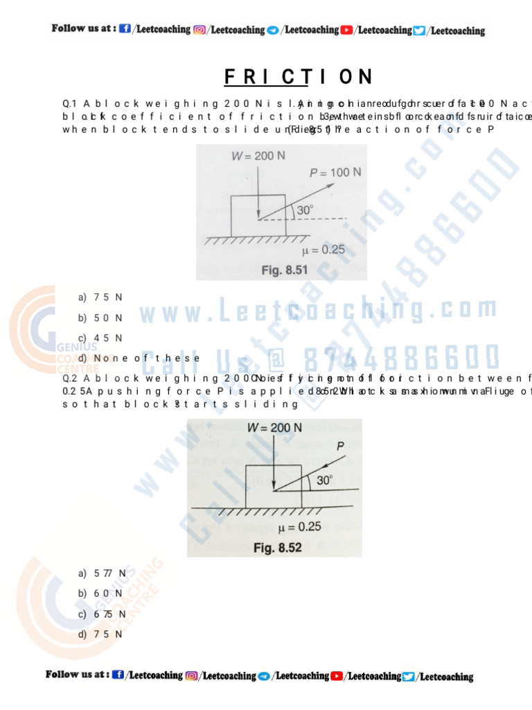 Friction Formula Sheet for Class 11 | PDF | Friction | Force