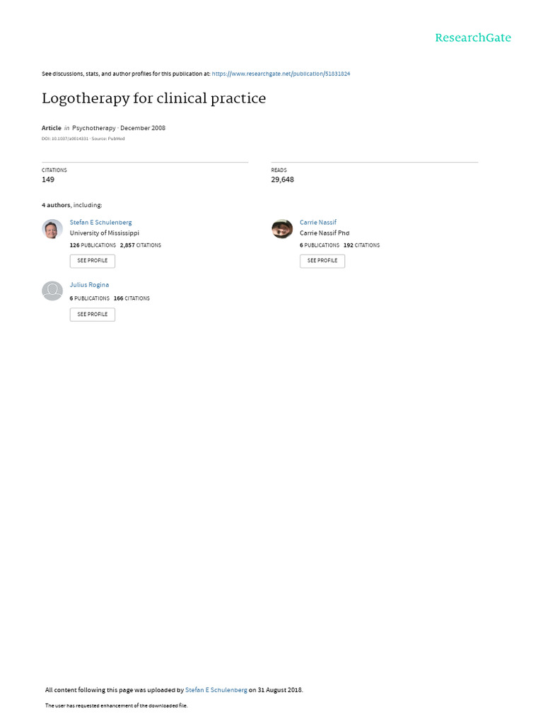 Logotherapy For Clinical Practice | PDF | Psychotherapy | Behavioural Sciences