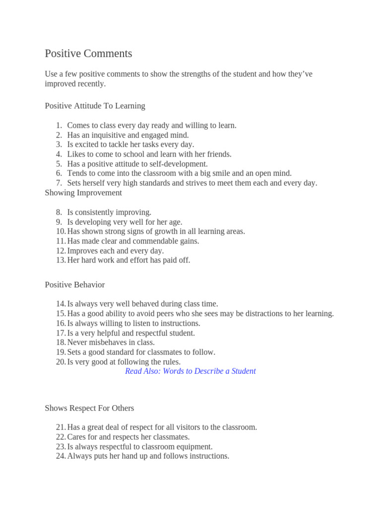 Positive Comments-Teacher's Remark | PDF | Motivational | Motivation