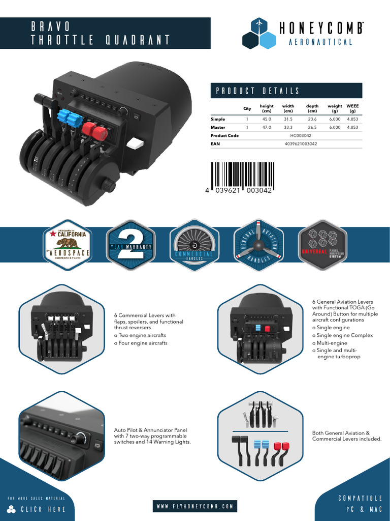 Honeycomb Bravo Throttle Quadrant Met Auto Pilot en Annunciator Panel PC | PDF | Aerospace ...