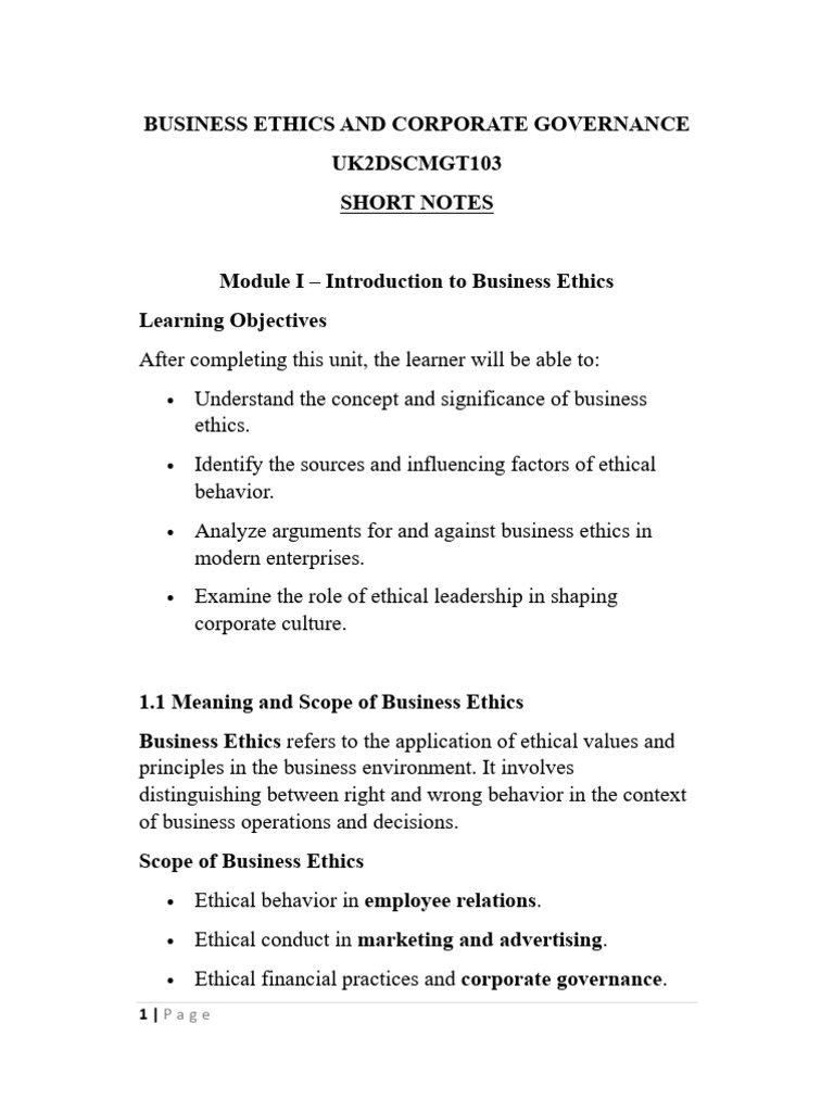 Business Ethics and Corporate Governance Guide | PDF | Corporate Social ...