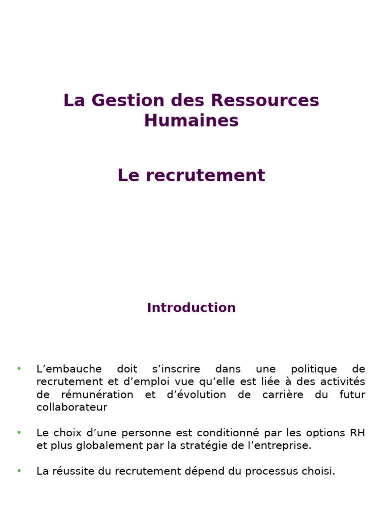 GRH Le Recrutement | PDF | Recrutement | Gestion des ressources humaines