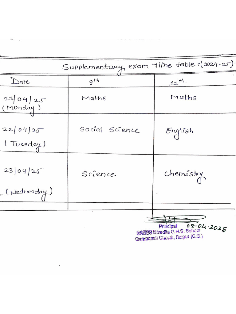 Supplementary Exam Time Table | PDF