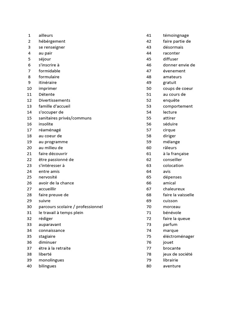 Liste de vocabulaire français thématique | PDF