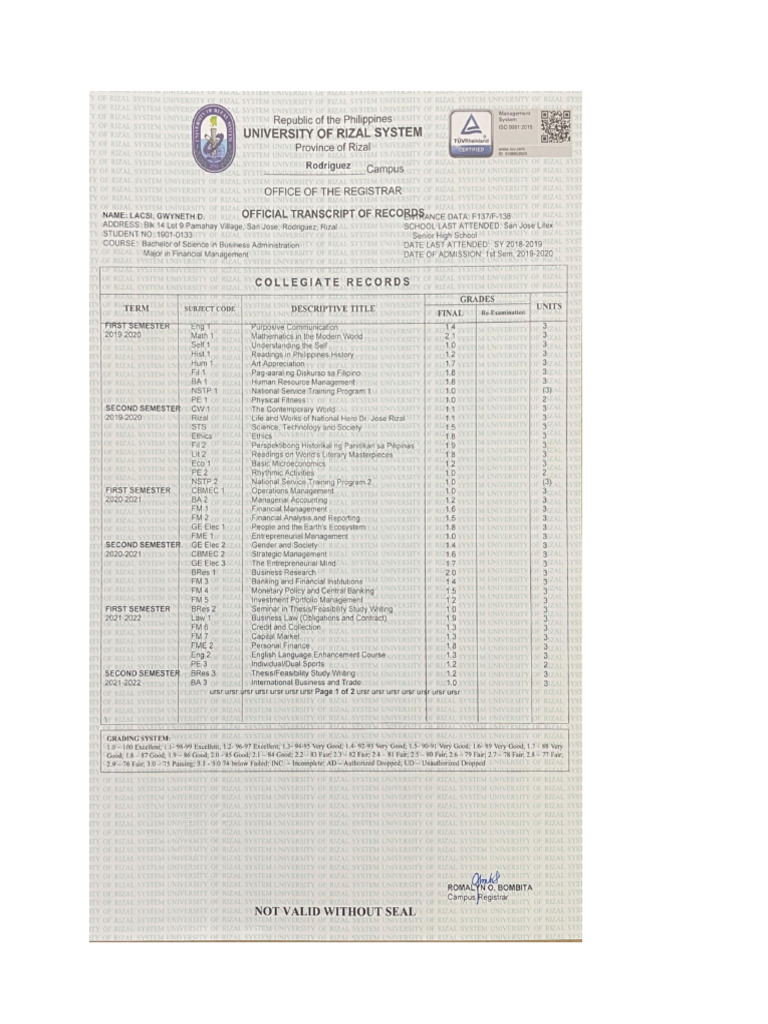 Transcript of Records - Gwyneth Lacsi | PDF