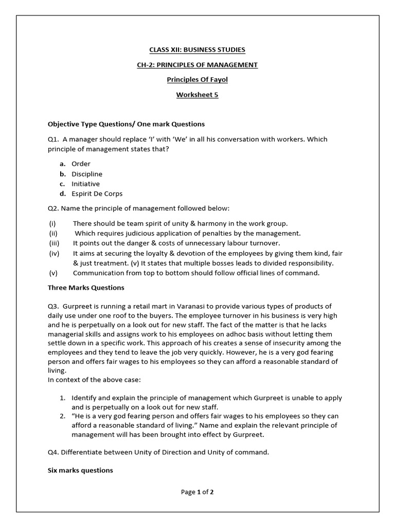 Worksheet 5 - CH - 2 - BST - XII - Principles of Fayol | PDF | Employment | Labor