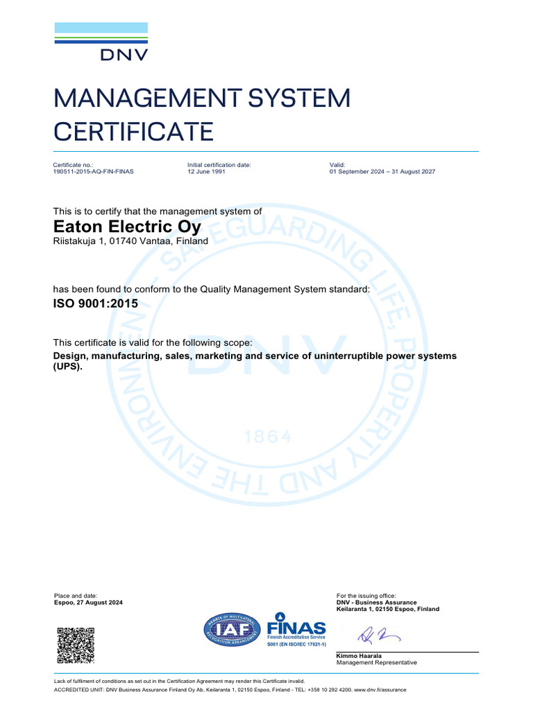Eaton Helsinki Campus Iso 9001 2015 Certificate | PDF