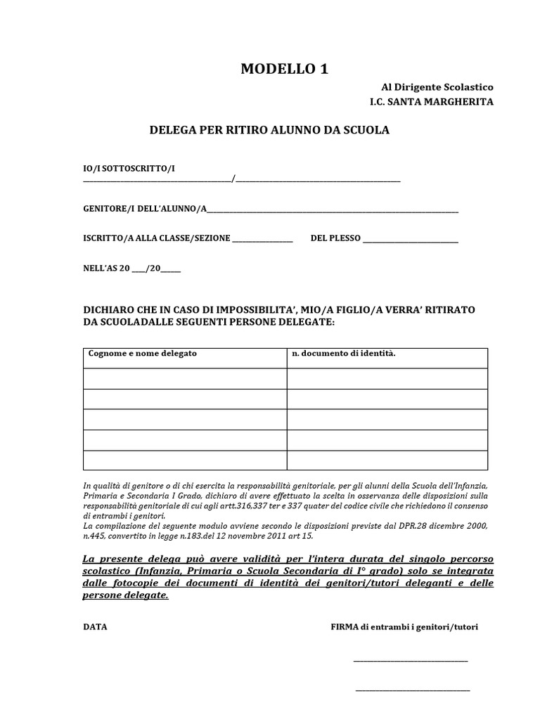Delega Per Ritiro Alunno | PDF