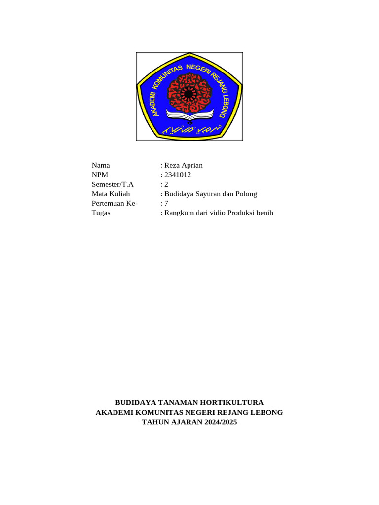Tugas Individu Reza Aprian Resume Produksi Benih | PDF