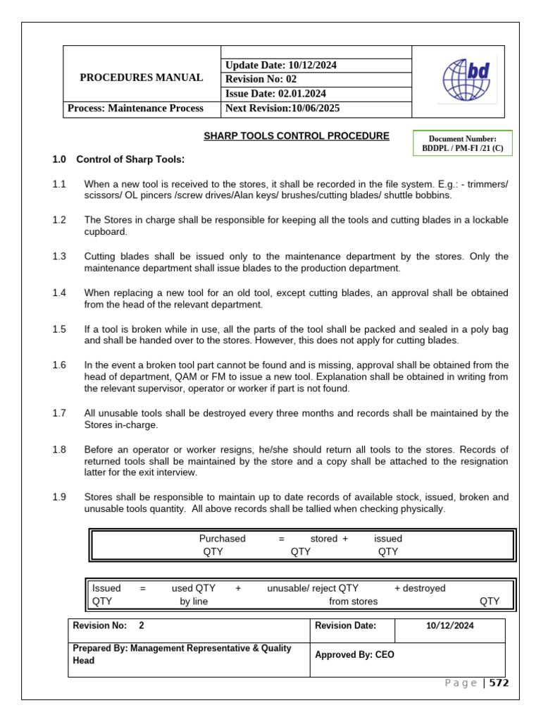 Sharp Tools Control Procedure | PDF