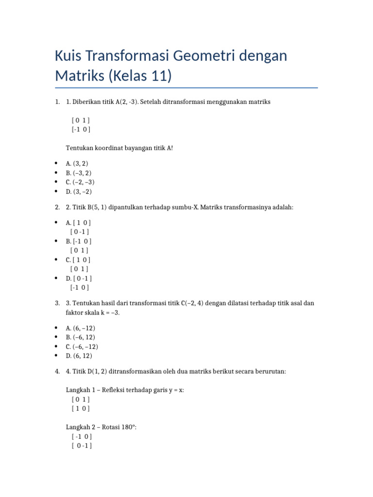 Kuis_Transformasi_Geometri_Matriks_Kelas11 | PDF