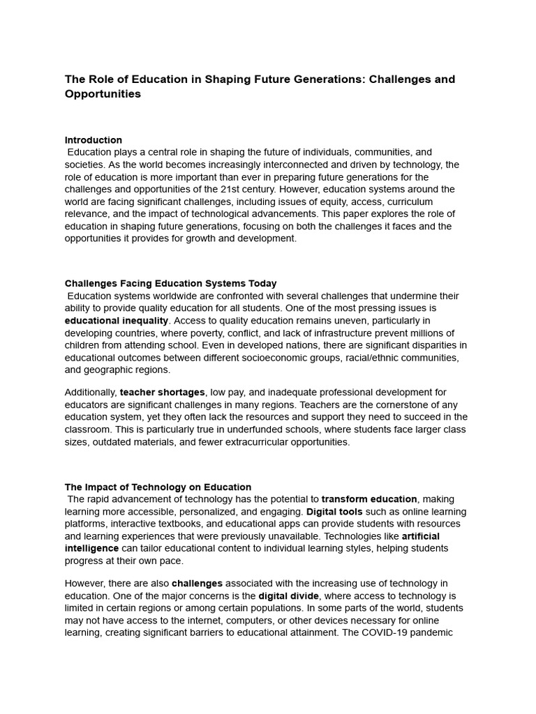 The Role of Education in Shaping Future Generations: Challenges and ...