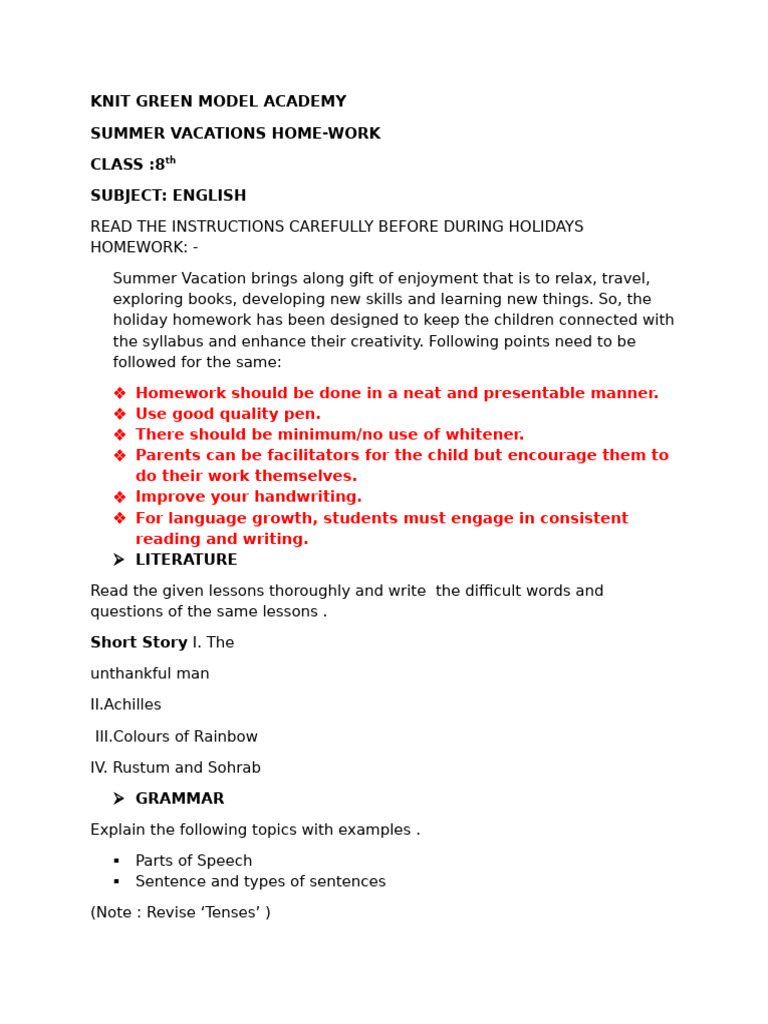 Class 8th, English Holidays H.work | PDF | First Aid