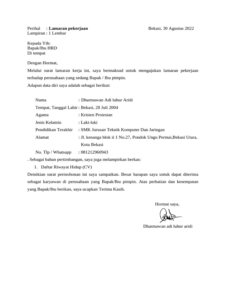 Surat Lamaran Dharmawan Adi Luhur Aridi | PDF
