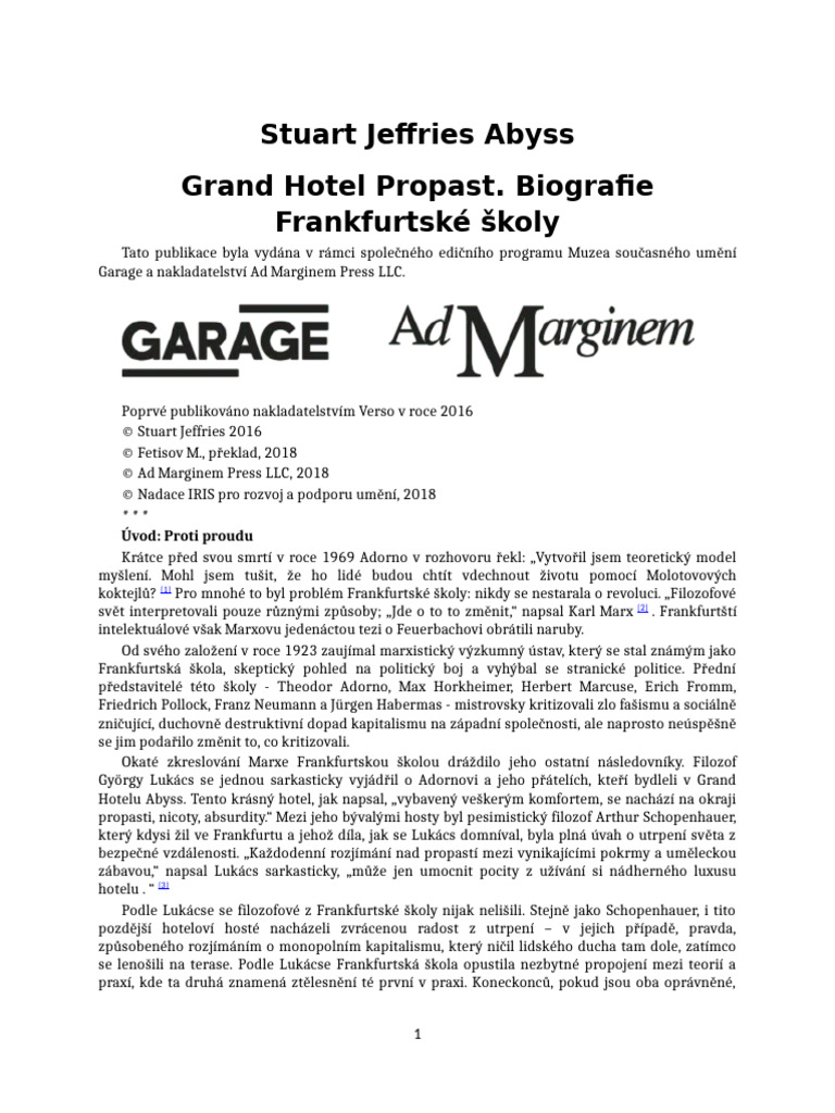 Stuart Jeffries Abyss - Grand Hotel. Biografie Frankfurtské Školy | PDF