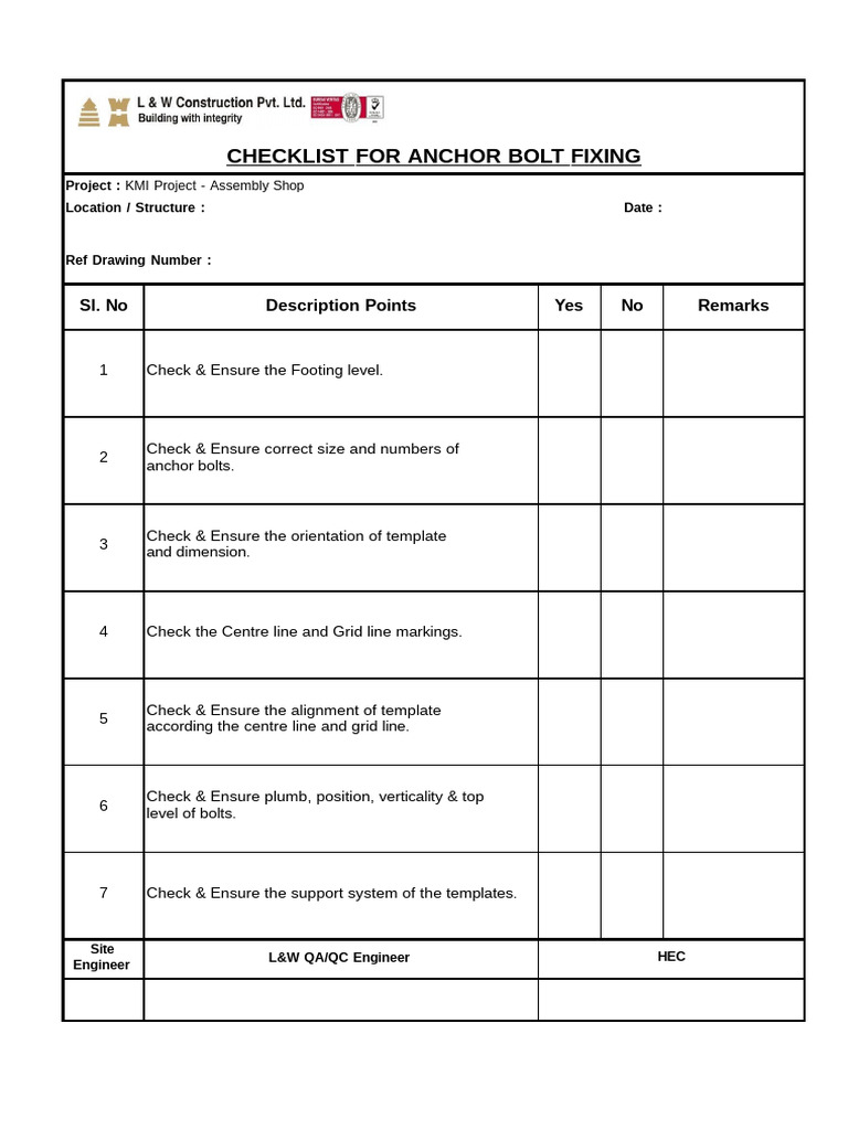 Checklist For Anchor Bolt Fixing | PDF