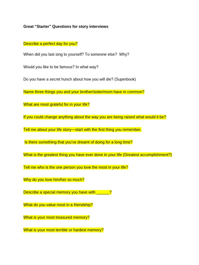 Great INTERVIEW Starter Questions | PDF