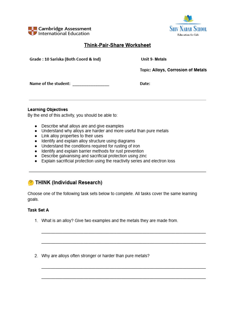 Think-Pair-Share Worksheet_ Alloys | PDF | Rust | Metals