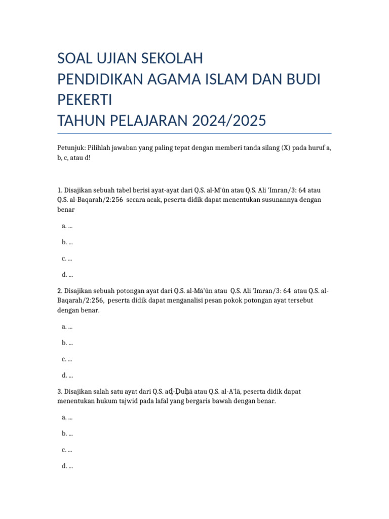Soal Ujian PAI 2024-2025 | PDF