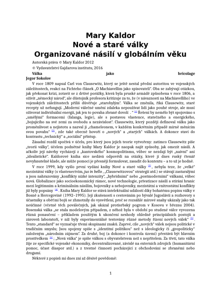 Mary Kaldor - Nové A Staré Války. Organizované Násilí V Globálním Věku ...