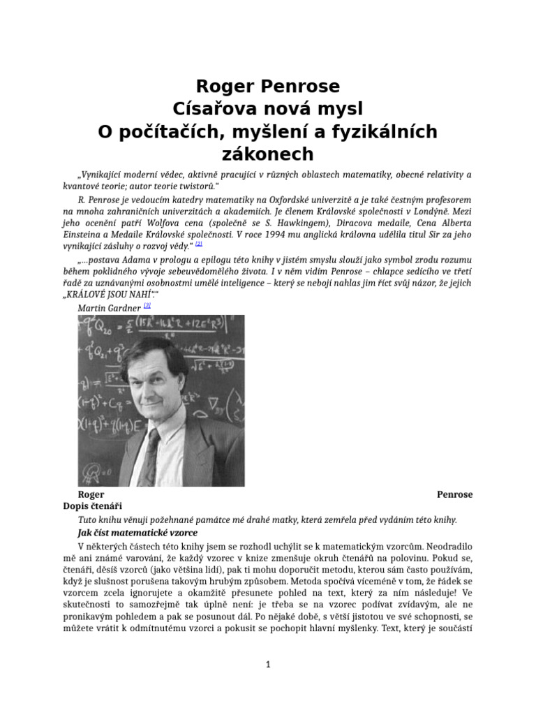 Roger Penrose - Císařova Nová Mysl. O Počítačích, Myšlení A Fyzikálních ...