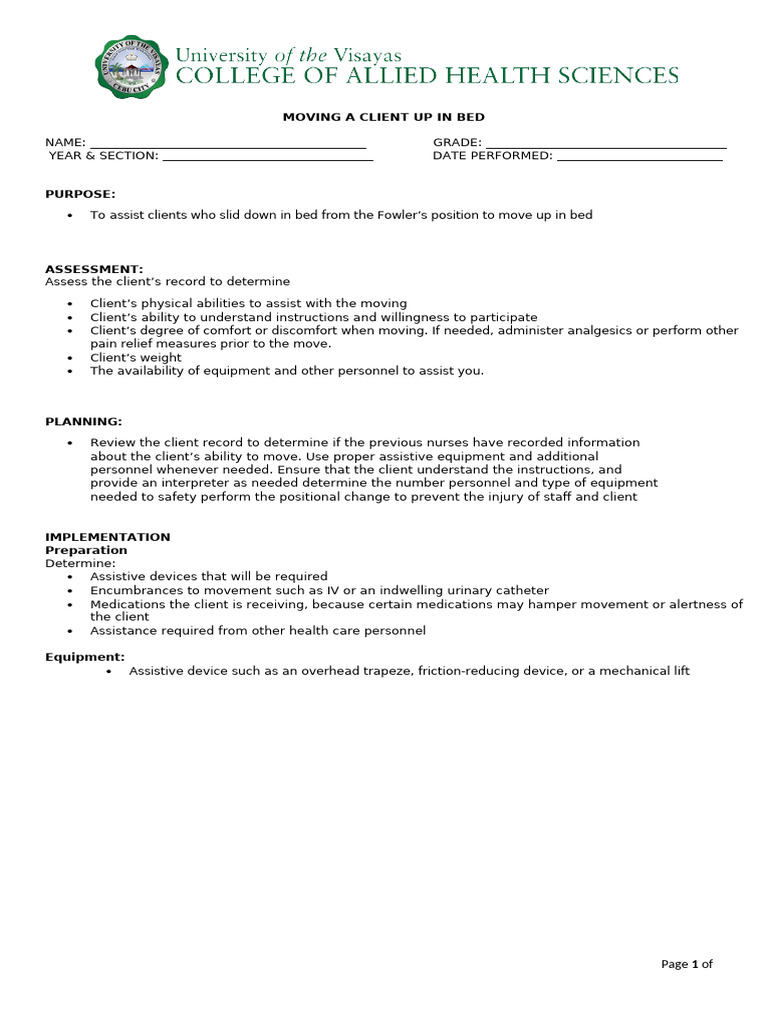 Moving A Client Up in Bed | PDF | Anatomical Terms Of Motion | Wheelchair
