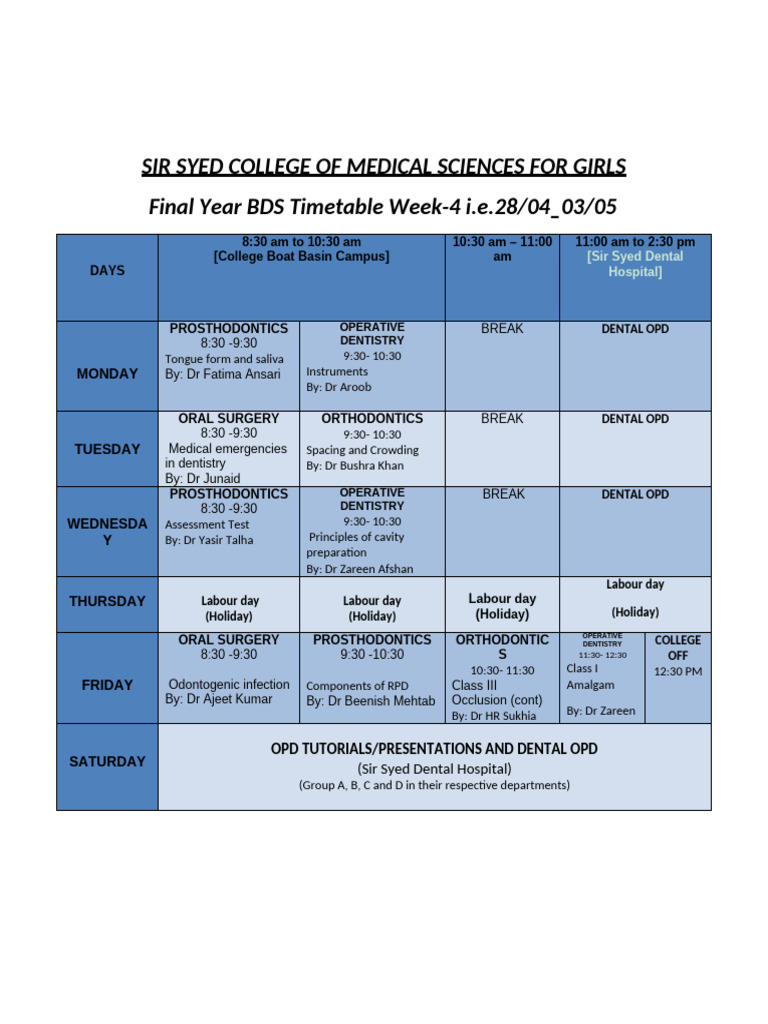 4th Year Timetable Week 4 | PDF | Dentistry | Health Care