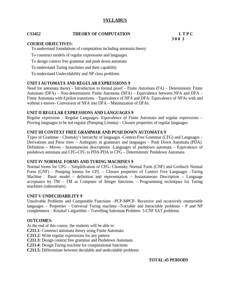 CS3452-THEORY-OF-COMPUTATION-SYLLABUS | PDF | Automata Theory | Regular Expression