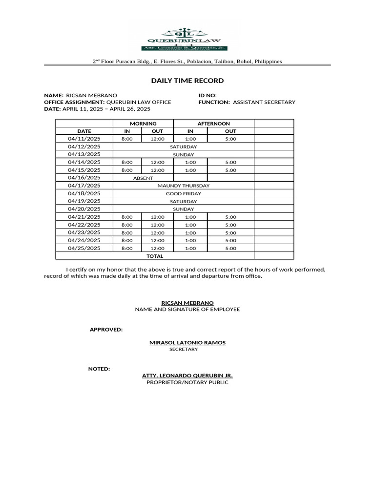 ricsan's dtr (april 11-25) | PDF
