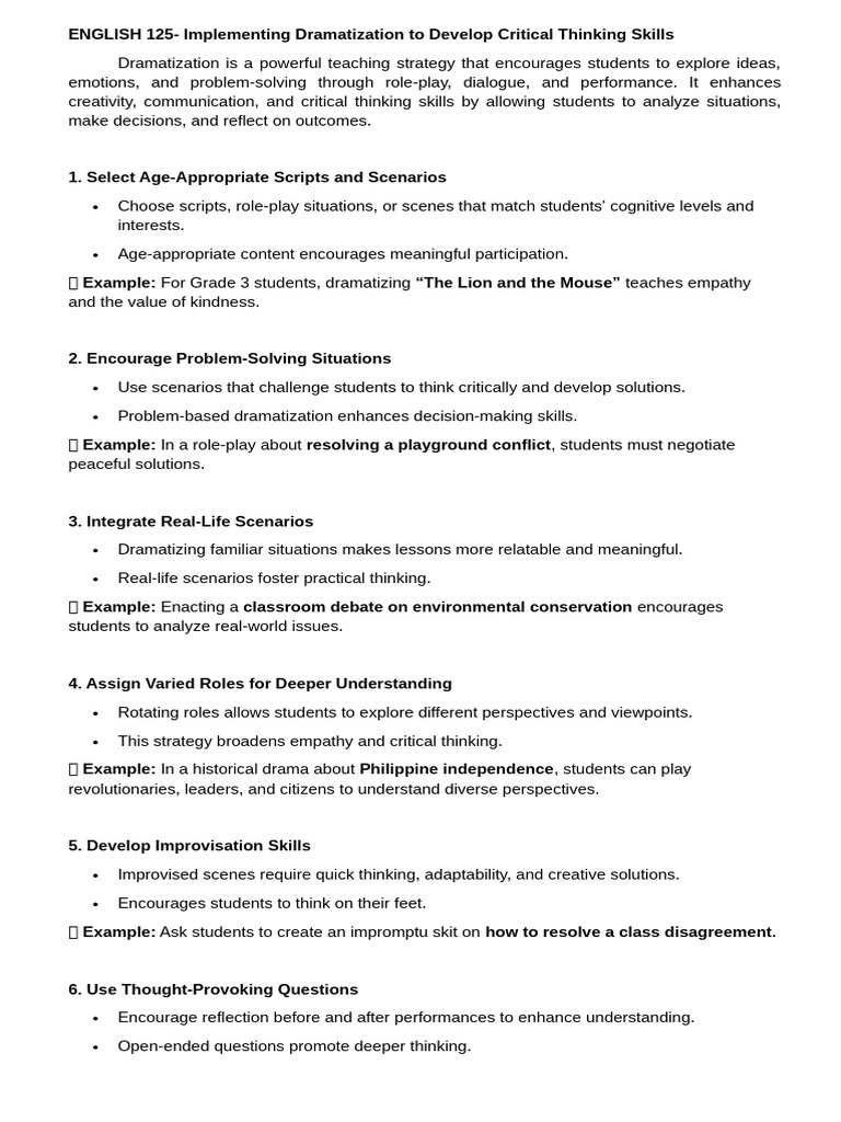 ENGLISH 125 Implementing Dramatization To Develop Critical Thinking Skills | PDF | Critical ...