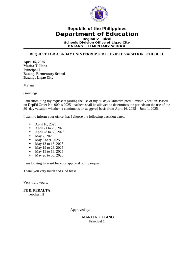 REQUEST Letter FOR A 30-DAY UNINTERRUPTED FLEXIBLE VACATION SCHEDULE | PDF