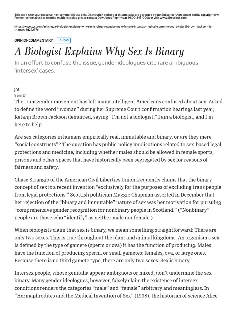 A Biologist Explains Why Sex Is Binary - WSJ | PDF | Male | Intersex