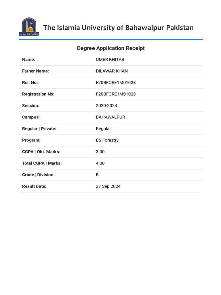 Degree Application Receipt Umer Khaitab | PDF