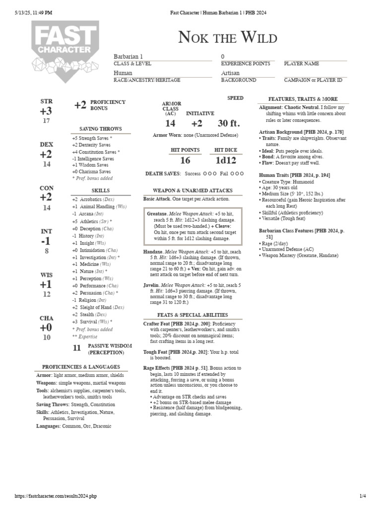 Fast Character - Human Barbarian 1 - PHB 2024 | PDF | Dungeons & Dragons | Fantasy Role Playing ...
