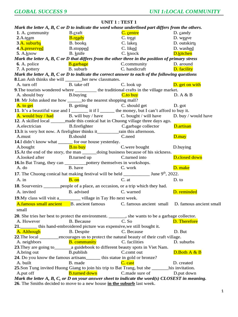 UNIT 1 (PRACTICE TEST) - Key | PDF