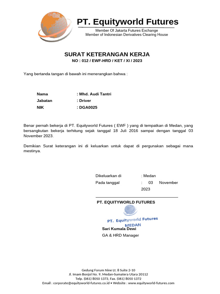 SURAT KETERANGAN KERJA BG Audi | PDF