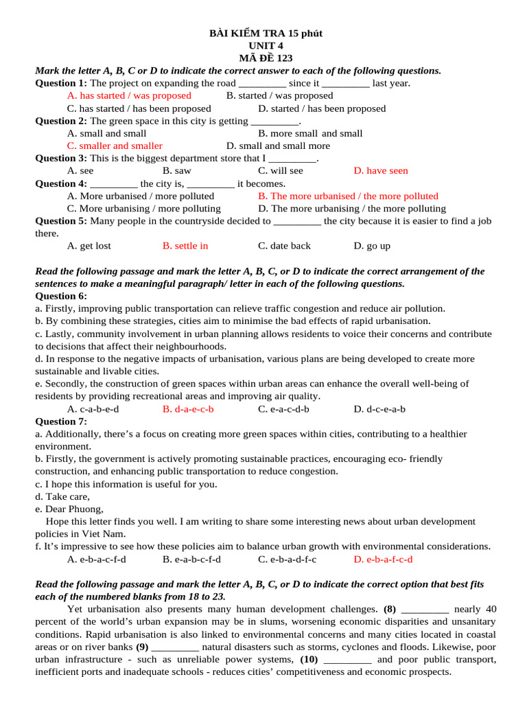 BÀI KIỂM TRA 15 phút UNIT 4 | PDF | Urbanization | Infrastructure