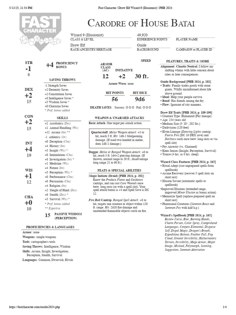 Fast Character _ Drow Elf Wizard 9 (Illusionist) _ PHB 2024 | PDF ...