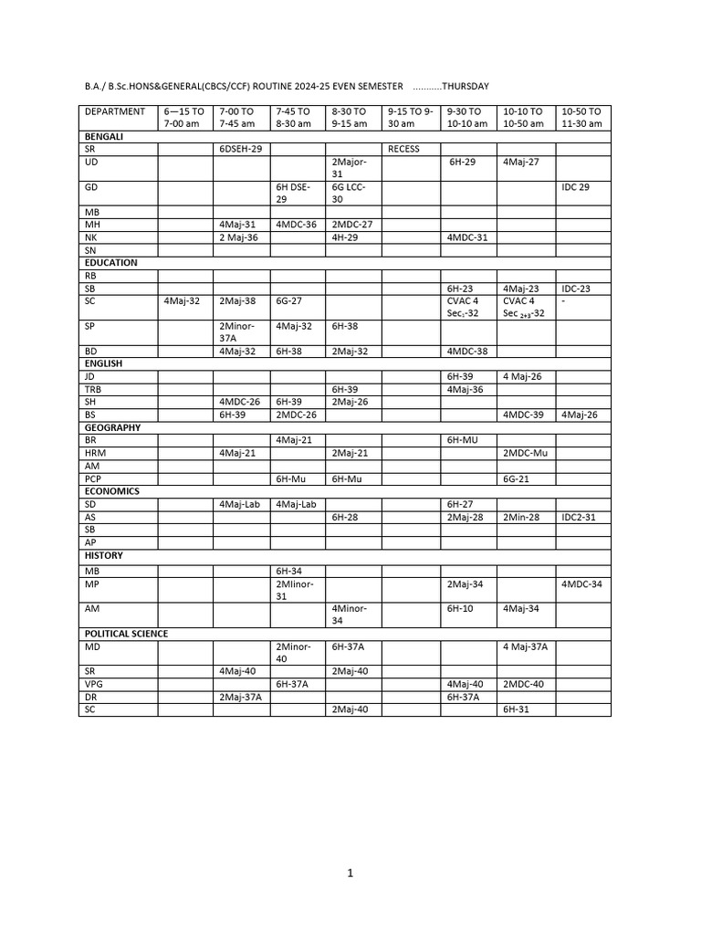 Routine - 2023-24 - Thursday CBCS - CCF (1) - 1 | PDF