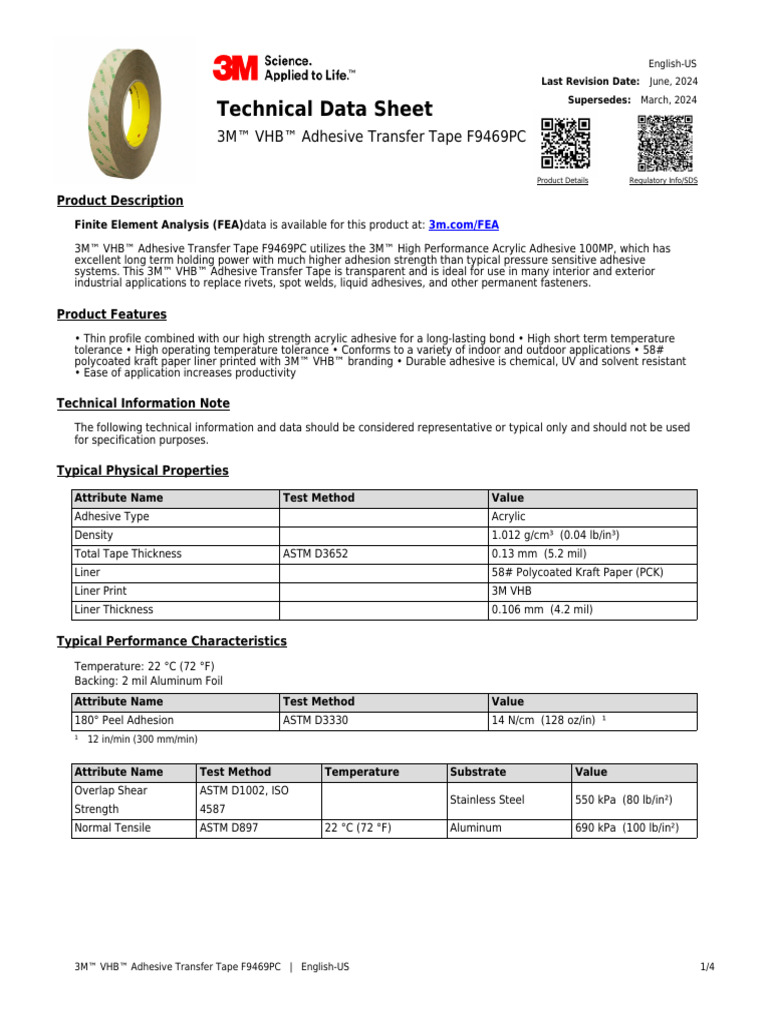 3M VHB Adhesive Transfer Tape F9469PC | PDF | Safety | Adhesive