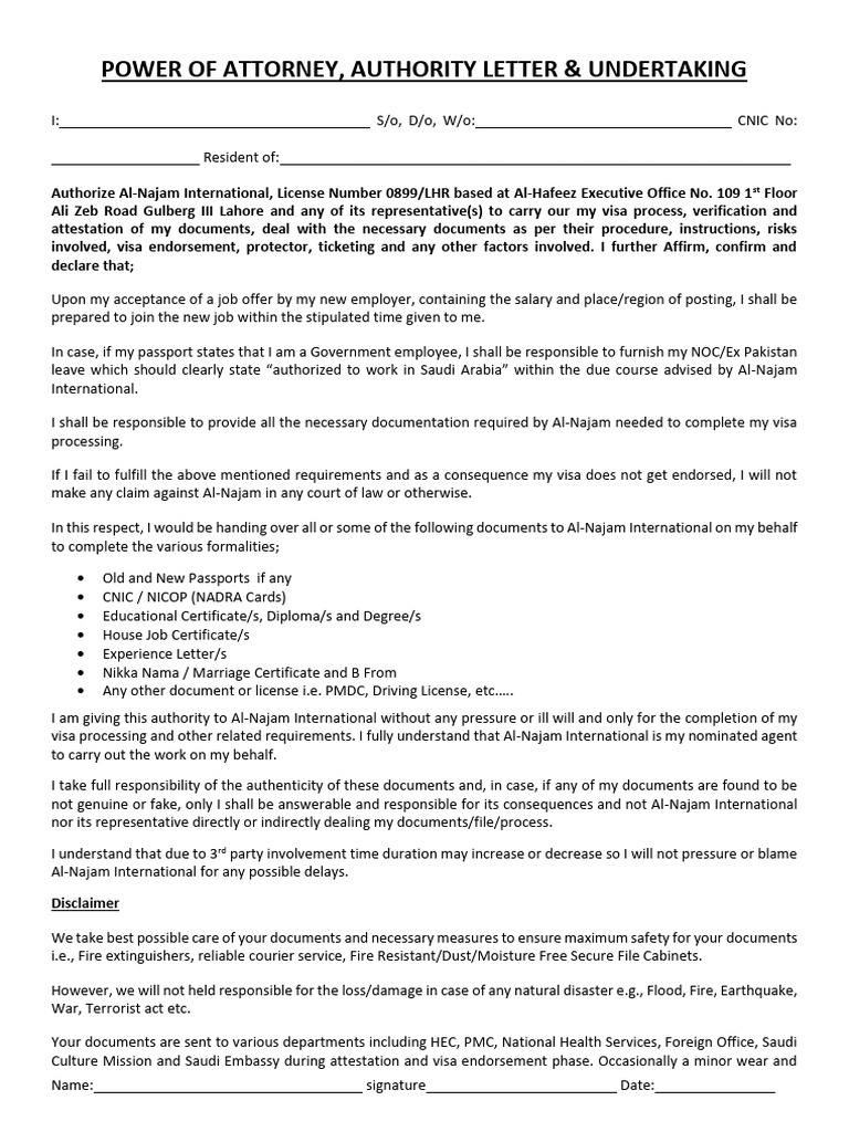 Undertaking - Power of Attorney - Authority Letter - Jan 2023.p | PDF | Travel Visa
