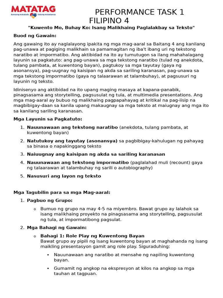Filipino 4 Performance Task 1 | PDF