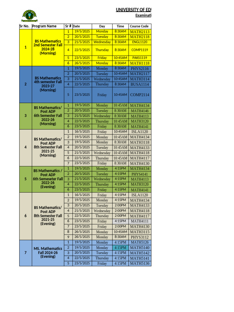 Final Term Date Sheet Semester Sping 2025 | PDF | Academic Term | Geometry