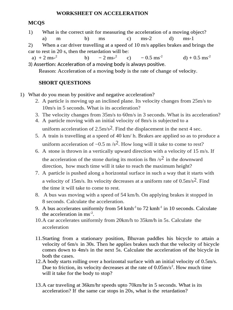 Worksheet On Acceleration | PDF | Acceleration | Speed