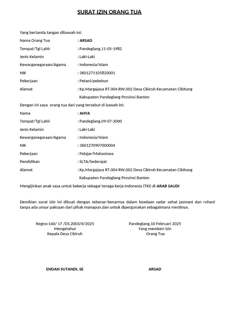 Surat Izin Orang Tua Ahya Ke Saudi Arabia | PDF