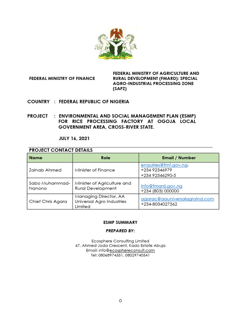 Esmp Summary For Aau Rice Factory at Ogoja Lga CR State | PDF | Rice ...